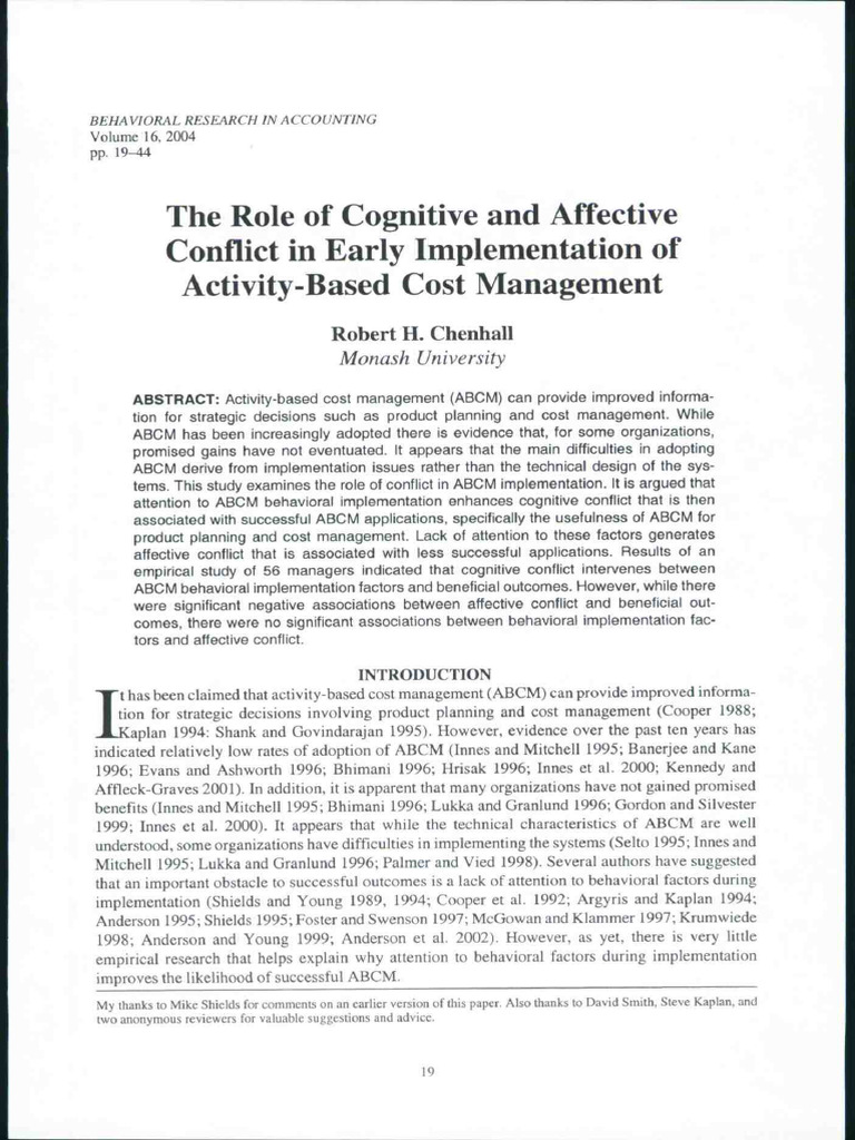 The Role of Cognitive and Affective Conflict in Early Implementation of Activity Based Cost ...