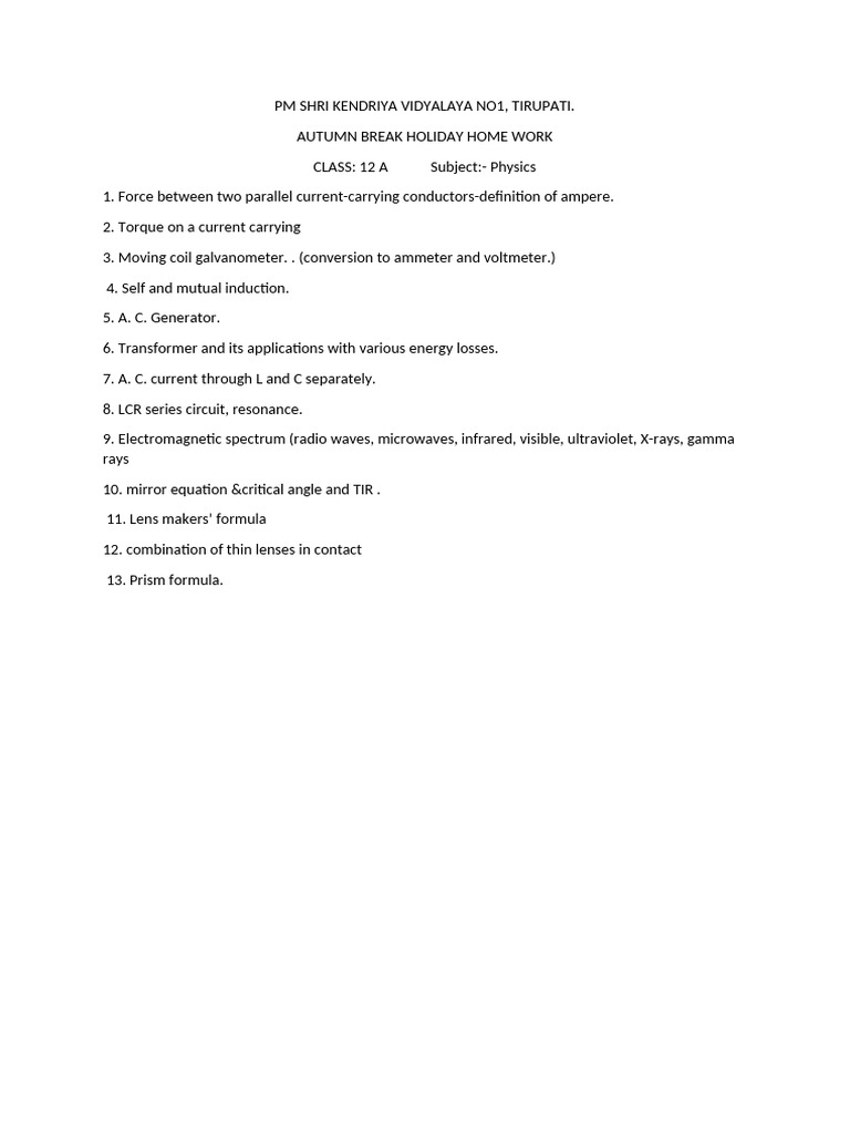 Class 12 Phy Autumn Break HW | PDF