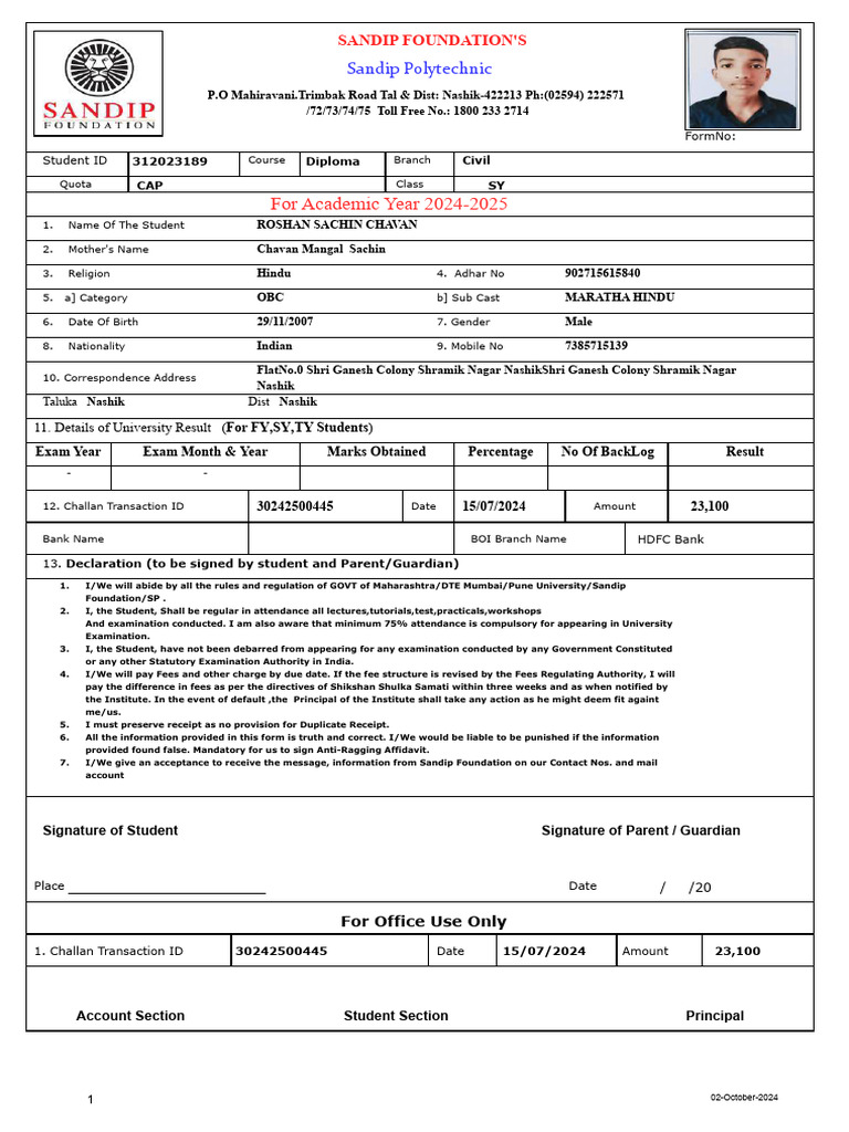 Sandip Polytechnic Admission Form 2024 | PDF