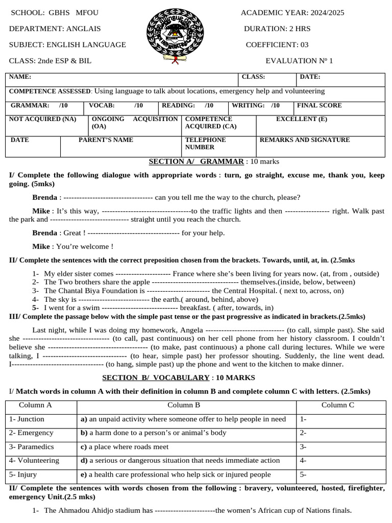FIRST EVAL 2nde 2025 GBHS - 054723 | PDF | Firefighter | Fire Engine