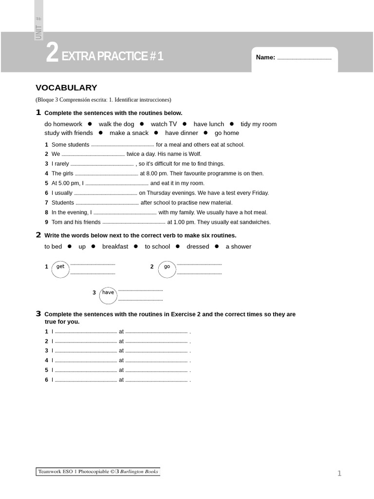 02teamwork1 ExtraPractice Unit2 | PDF | Meal | Grammar