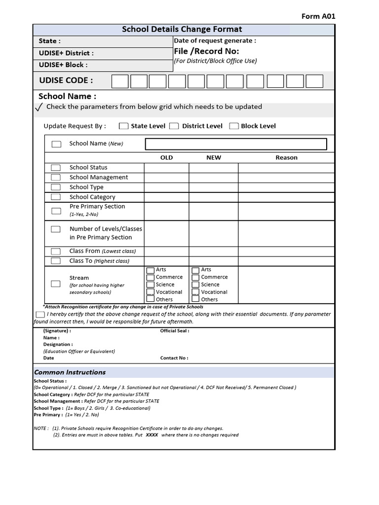 UDISE A01 Form for School Changes | PDF | Computing