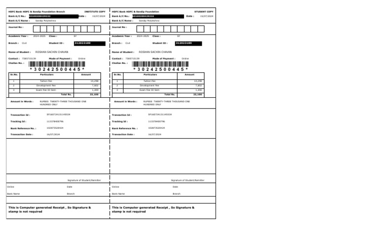 HDFC Bank Fee Receipt for Sandip Polytechnic | PDF | Service Industries ...