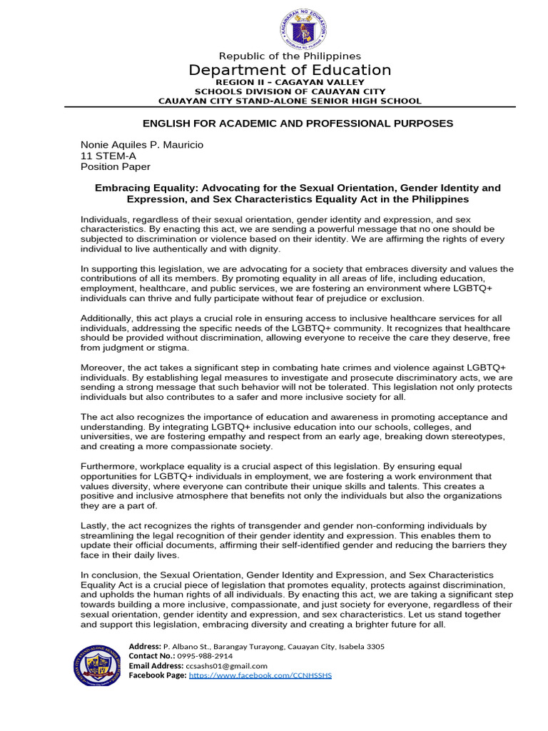 Position Paper Mauricio, Nonie Aquiles P. | PDF | Discrimination ...