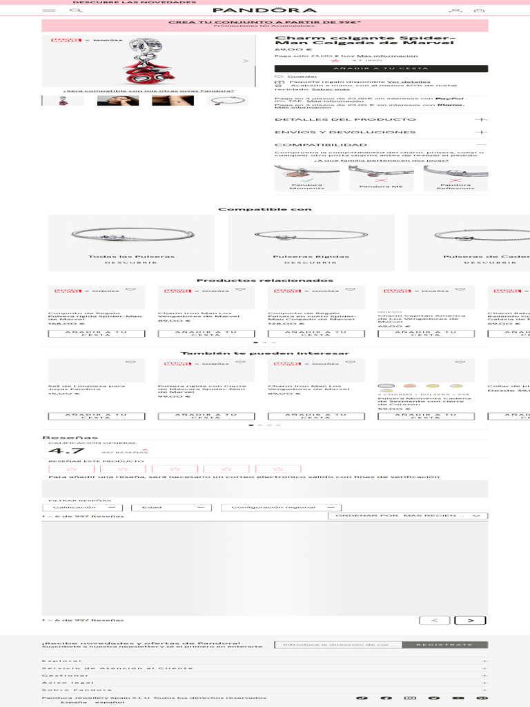 Charm Colgante Spider-Man Colgado de Marvel Pandora ES | PDF | Marvel ...