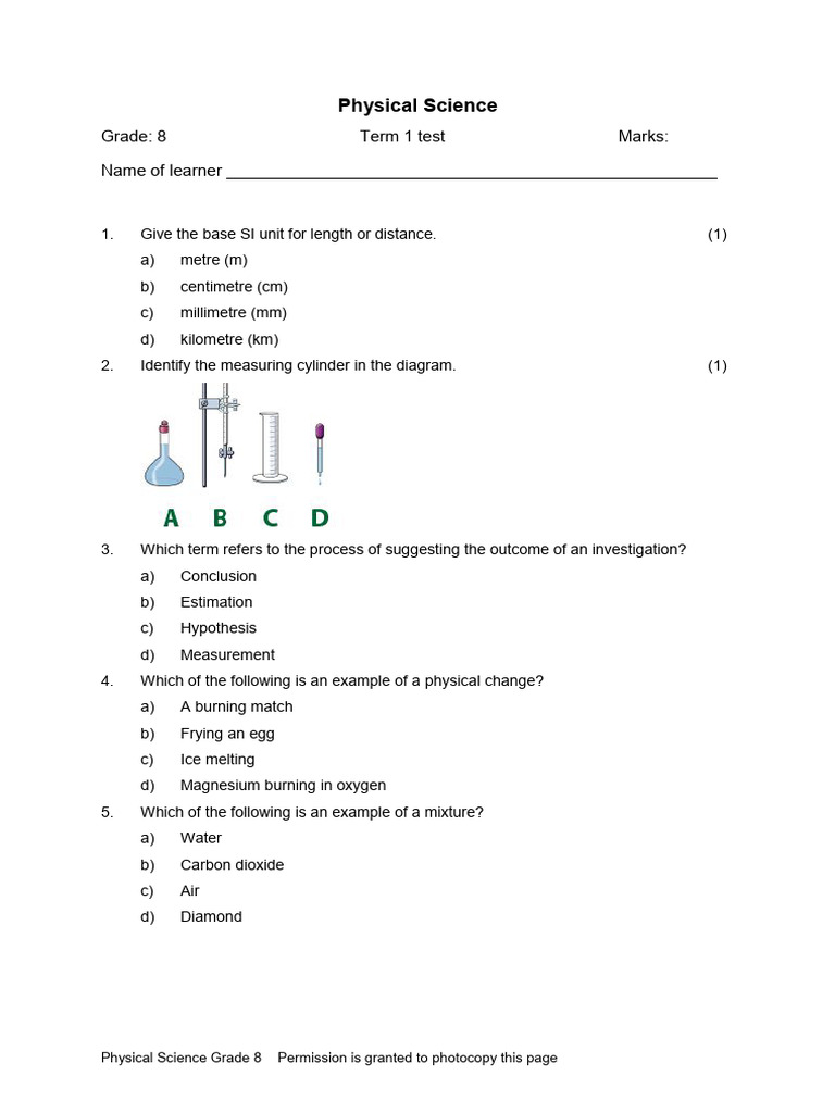 Platinum Physical Science Grade 8 - Term 1 - Test | PDF | Atoms | Volume