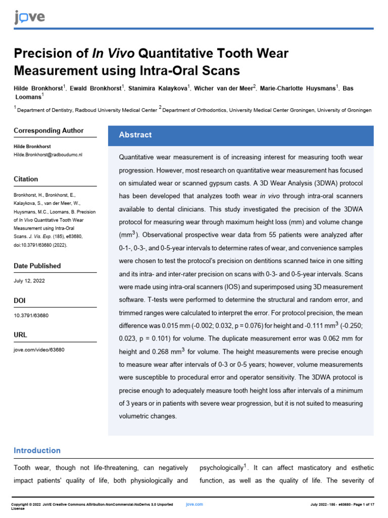 Jove Protocol 63680 Precision of Emin Vivoem Quantitative Tooth Wear ...