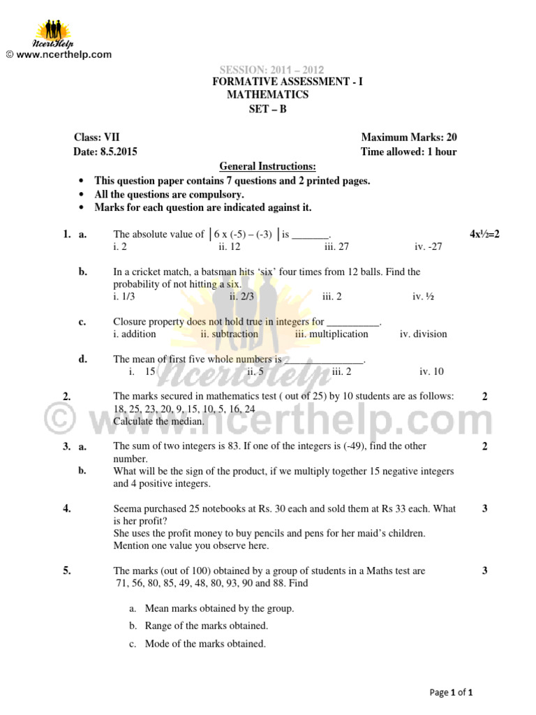 Math Question Paper 2011 | PDF | Integer | Multiplication