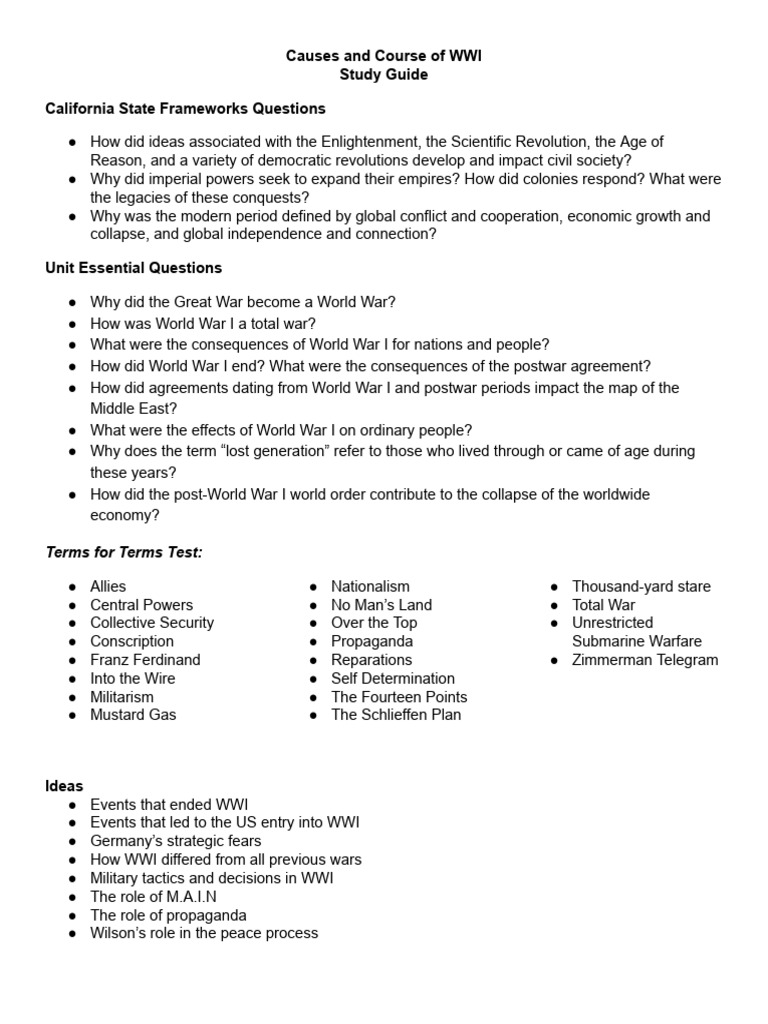Causes and Course of World War I Study Guide | PDF | Politics