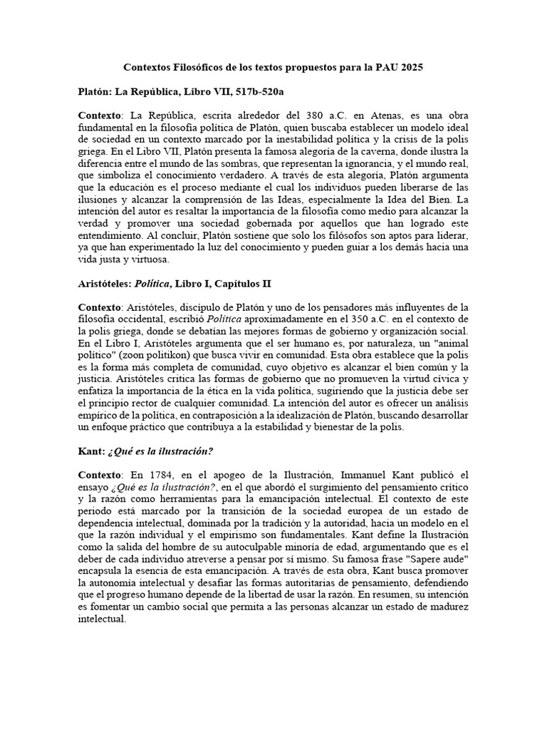 Contextos Filosóficos de Los Textos Propuestos para La PAU 2025 | PDF | Platón | Karl Marx