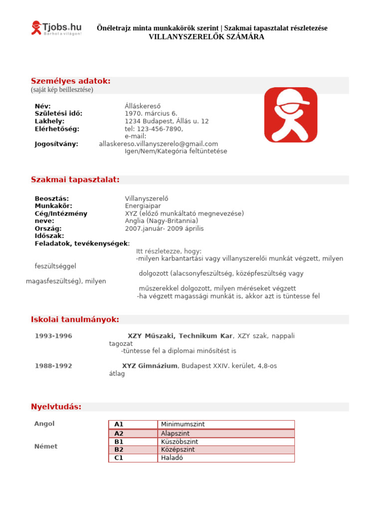 CV Minta Villanyszerelok Szamara | PDF