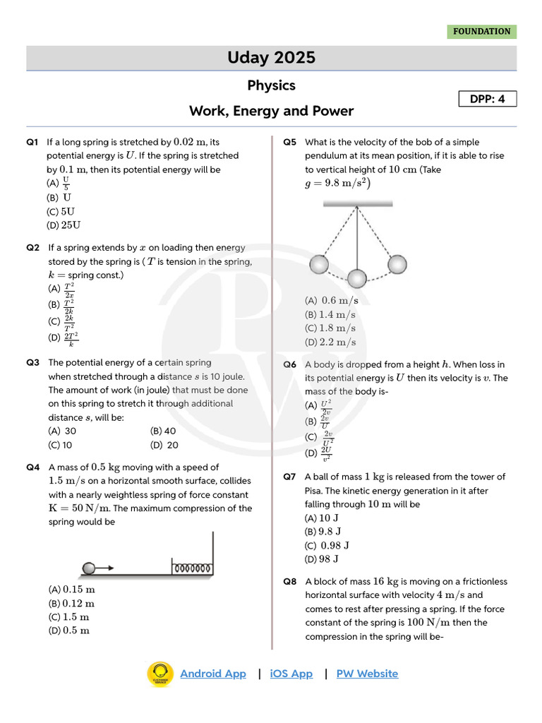 Uday 2025: Physics Work, Energy and Power | PDF | Potential Energy | Mass