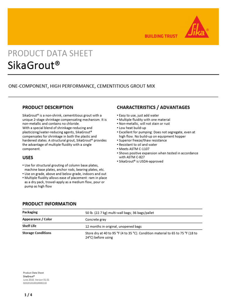 Sikagrout | PDF | Concrete | Cement