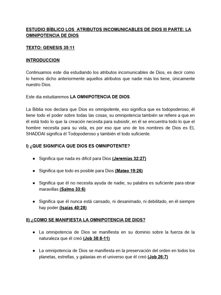Estudio Bíblico Los Atributos Incomunicables de Dios III Parte La Omnipotencia de Dios | PDF ...