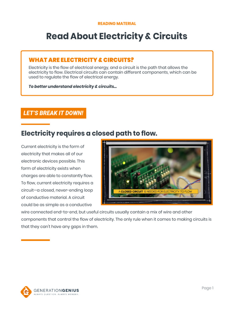 Electricity Circuits Reading Material Grades 6 8 | PDF | Electricity ...