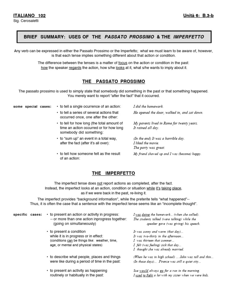 Passato Prossimo vs. Imperfetto Guide | PDF | Grammar | Linguistics