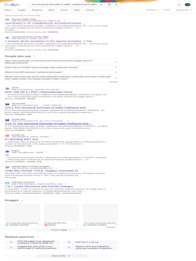 The Structural Formulae of Water, Methanol and Methoxymethane, CHOCH3 ...
