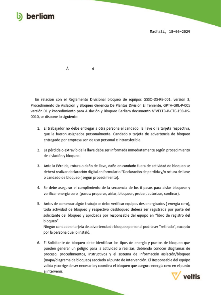 Nota Interna 005 Cumplimiento Procedimiento para Aislacion y Bloqueo ...