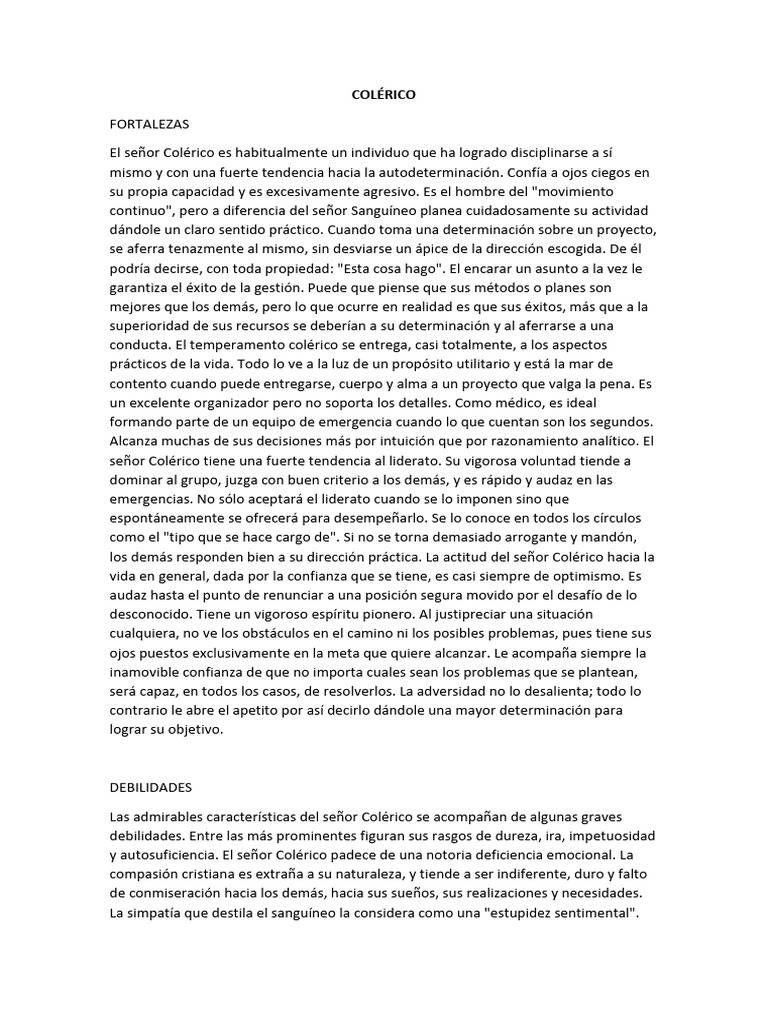 Características del Temperamento Colérico | PDF | Conceptos ...