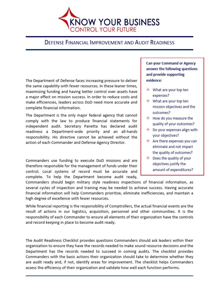 Commanders Audit Readiness Checklist | PDF | Life Cycle Assessment | Audit