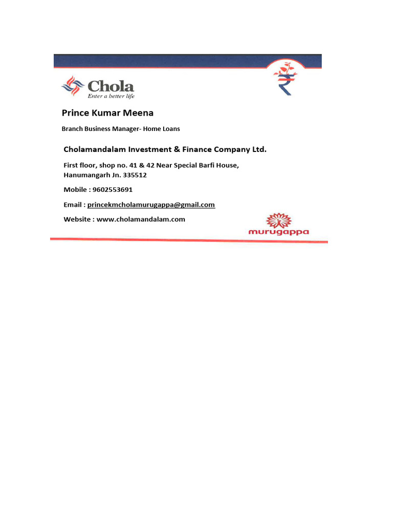 Chola Bank Manager Visiting Card | PDF
