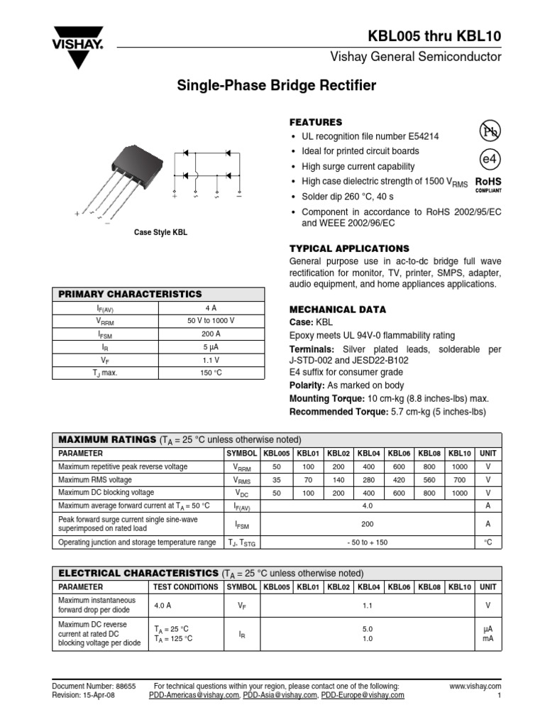 KBL005 | PDF | Diode | Rectifier