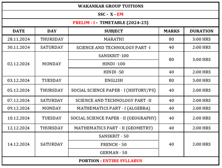 SSC X EM Prelim I Timetable 2024-25 | PDF