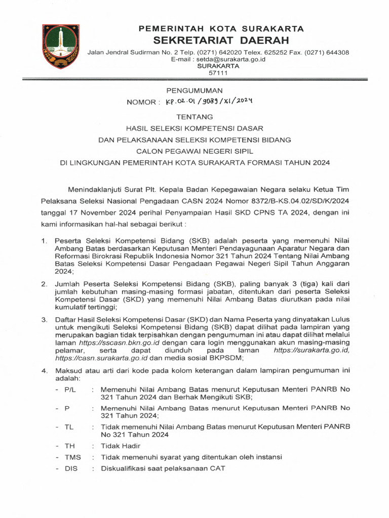 Pengumuman Hasil SKD CPNS Surakarta 2024 | PDF