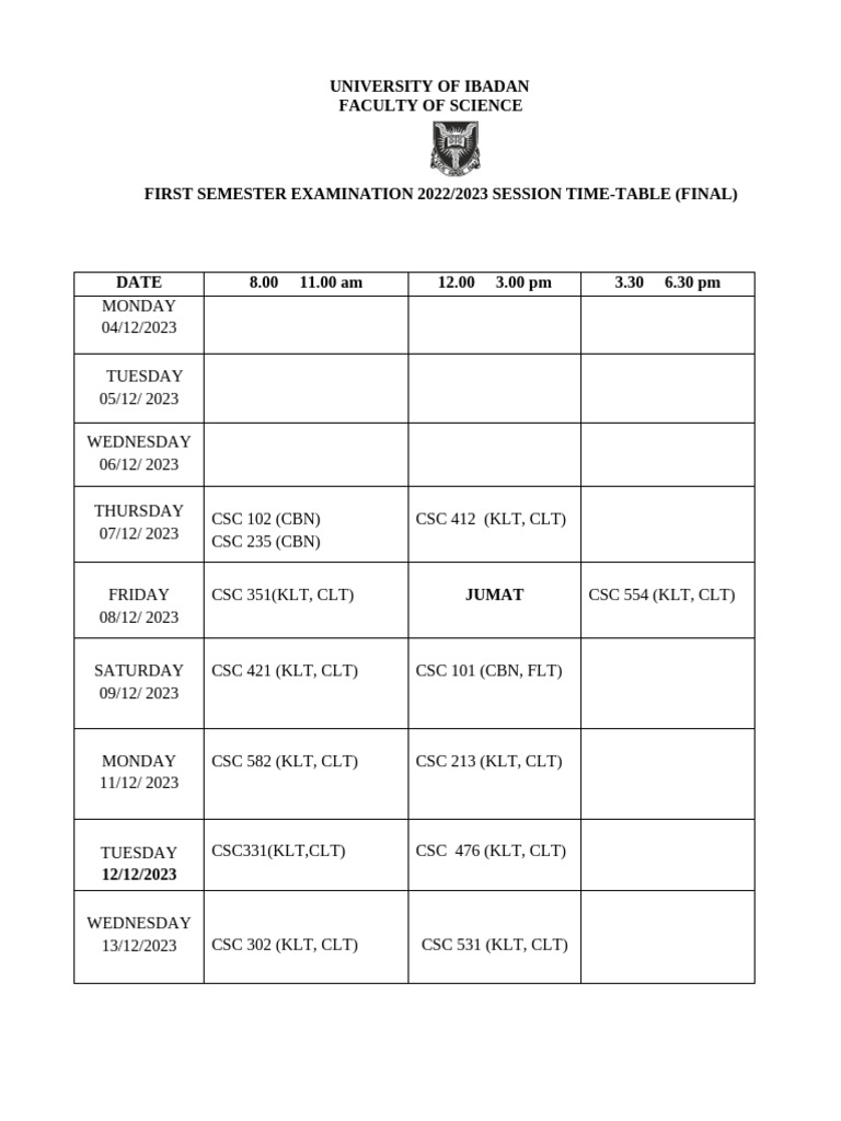 2022-2023 FIRST SEMESTER EXAMINATION TIMETABLE - 2023 - FINAL Computer Sci | PDF