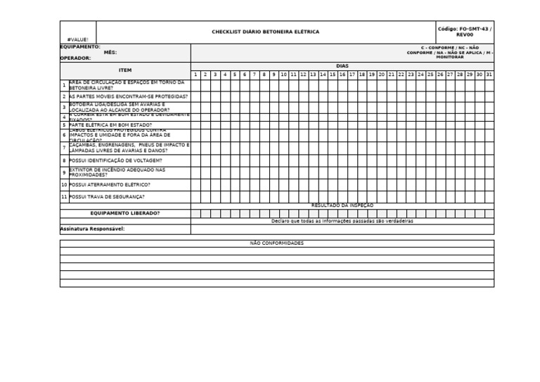 FO-SMT-43 Checklist Diário - Betoneira Elétrica | PDF