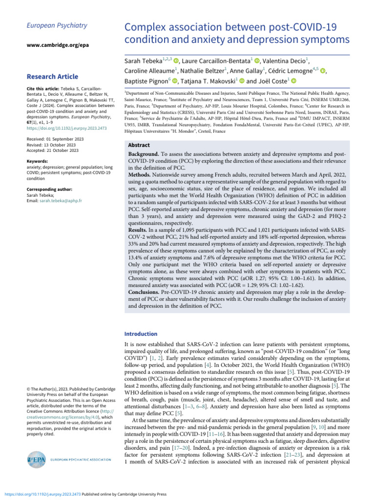 Plex Association Between Post Covid 19 Condition and Anxiety and Depression Symptoms | PDF ...