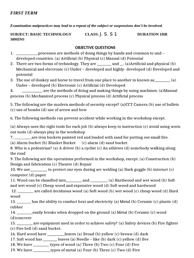 JSS1 1ST Term Basic Technology Examination | PDF | Wood | Hardwood