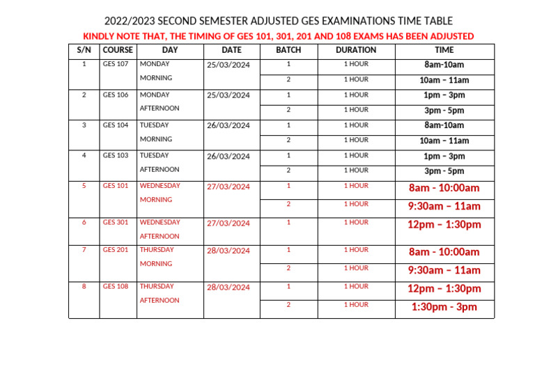 Second Semester Exam Time Table 2022 - 23 Session Updated | PDF