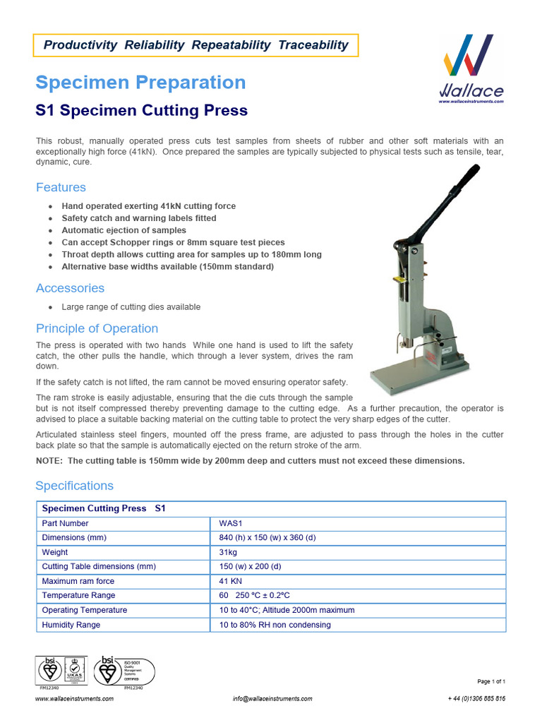 Wallace Instruments S1 Specimen Cutting Press Data Sheet V4 | PDF