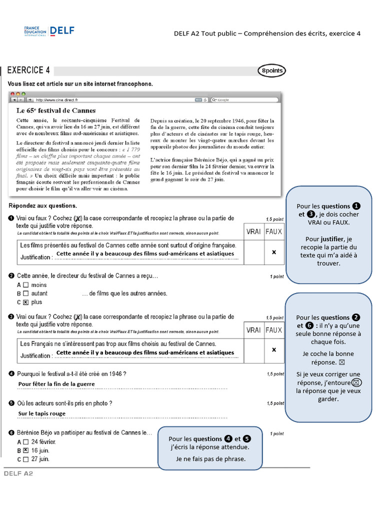 Exercice 4 DELF A2 : Compréhension écrite | PDF