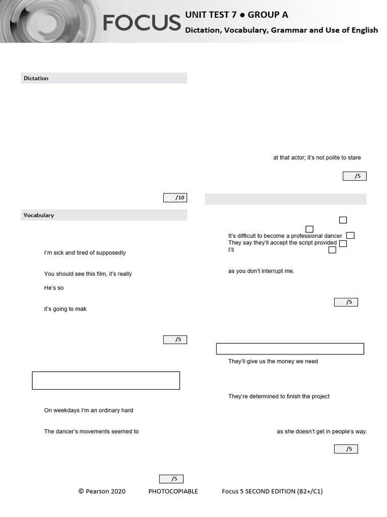 Focus5 2E Unit Test Unit7 Dictation Vocabulary Grammar UoE GroupA | PDF