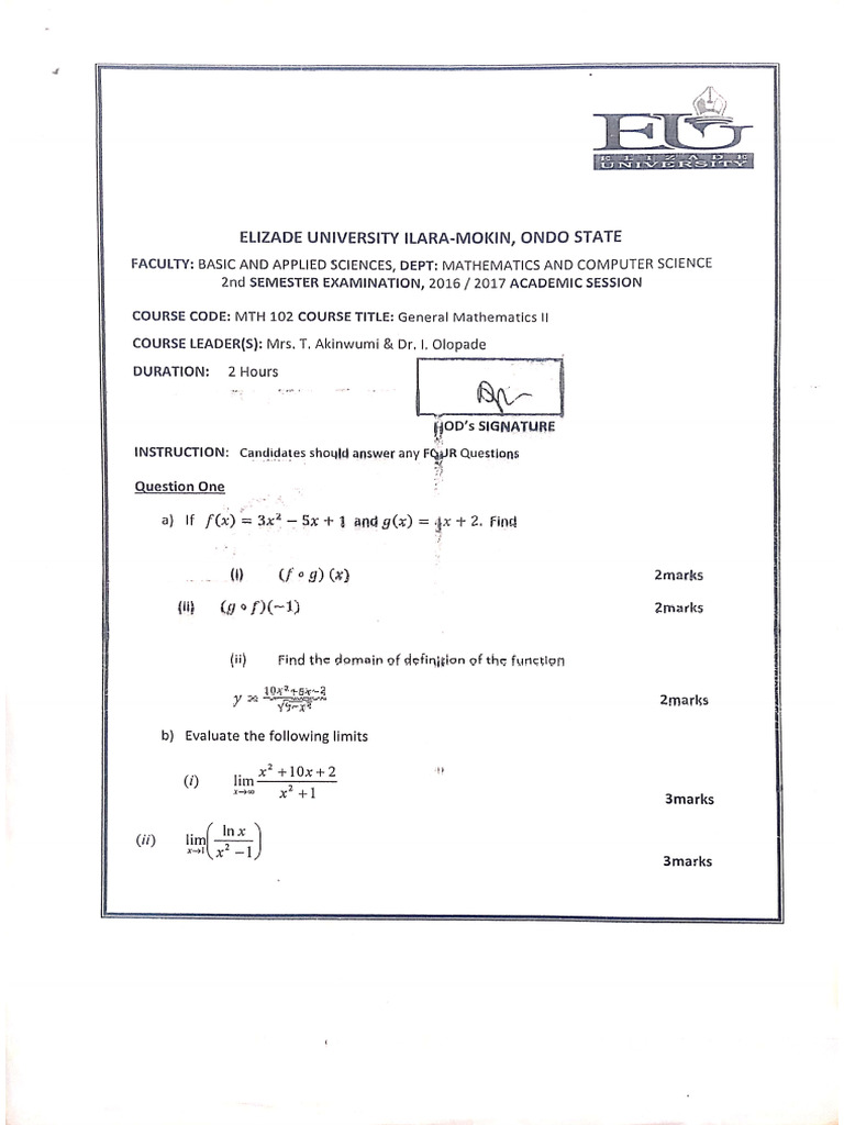 MTH 102 16 - 17 - Questions | PDF