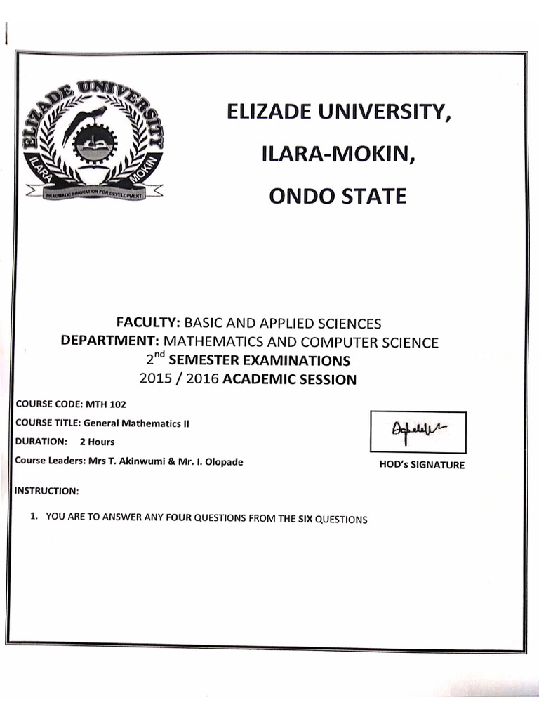 MTH 102 15 - 16 - Questions | PDF