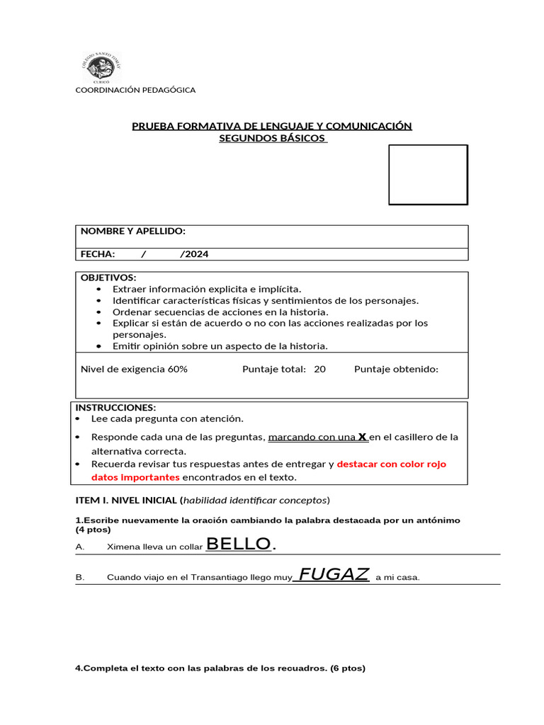 Evaluaciòn Formativa Noviembre Lenguaje | PDF