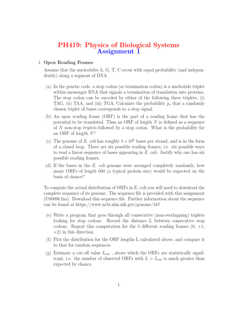 PH419: Physics of Biological Systems: Assignment 1 | PDF | Open Reading ...