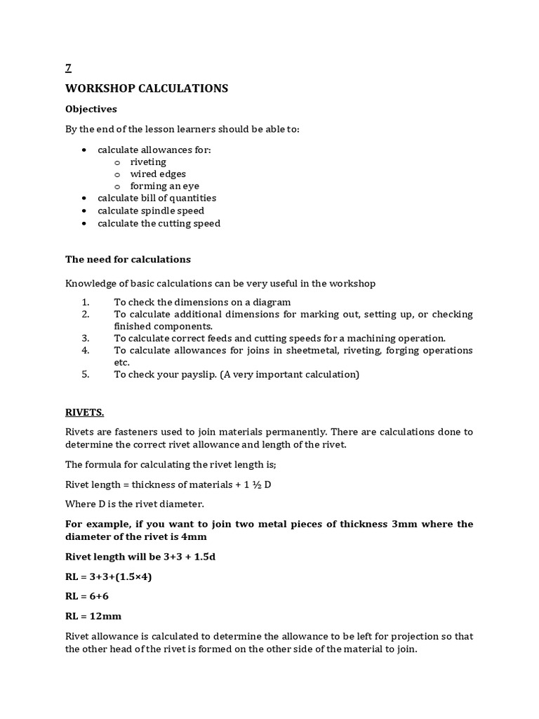 7 Workshop Calculation Pdf Industrial Processes Metalworking