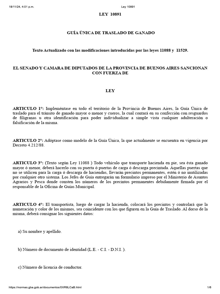 Ley 10891 - GUIA UNICA DE TRASLADO DE GANADO | PDF | Documento de ...