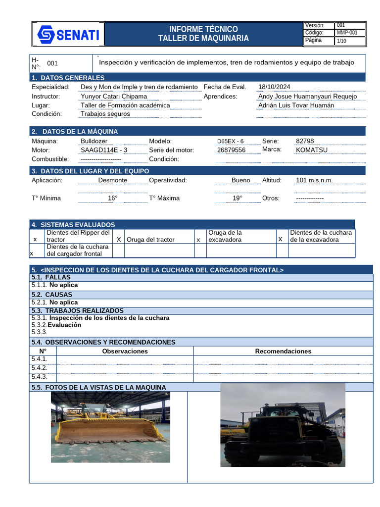 Formato de Informe Tecnico-Maquinaria Pesada-2 | PDF | Tornillo ... Formato de Informe Tecnico-Maquinaria Pesada-2 | PDF | Tornillo ...