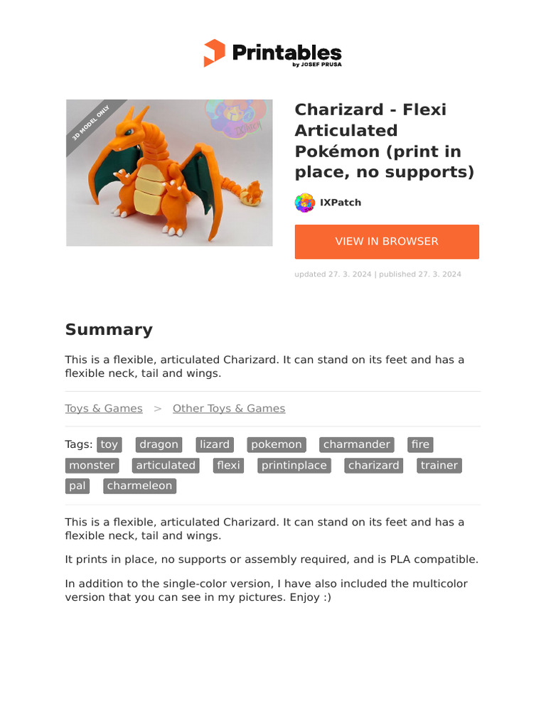 Articulated Flexi Charizard STL Model | PDF