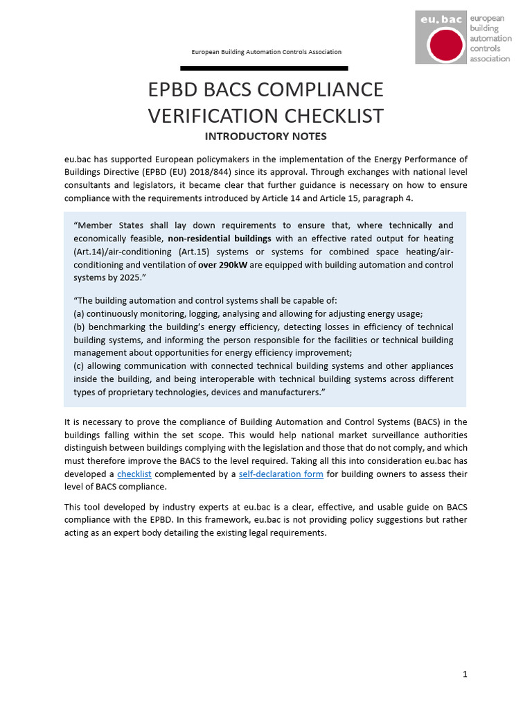 EPBD BACS COMPLIANCE VERIFICATION CHECKLIST Combined | PDF | Building ...