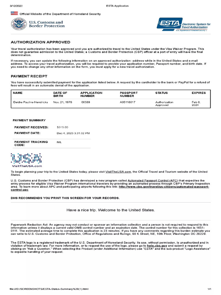 Esta Visa Application - Approved - Deidre Hendricks | PDF