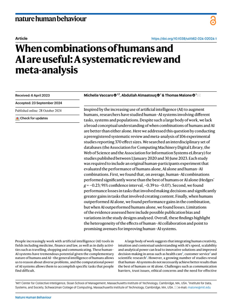 When Combinations of Humans and AI Are Useful A Systematic Review and ...