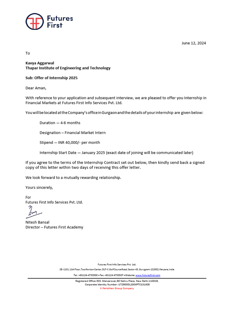 Offer Letter - Kavya Aggarwal - 1 | PDF | Business