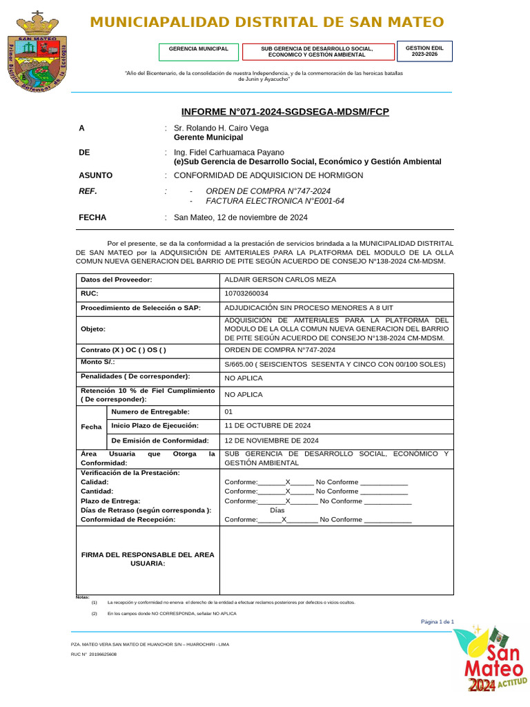 Informe N°071-2024 Conf Arena Olla | PDF