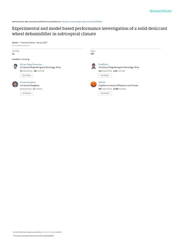 2017experimental and Model Based Performance Investiga | PDF | Adsorption | Humidity
